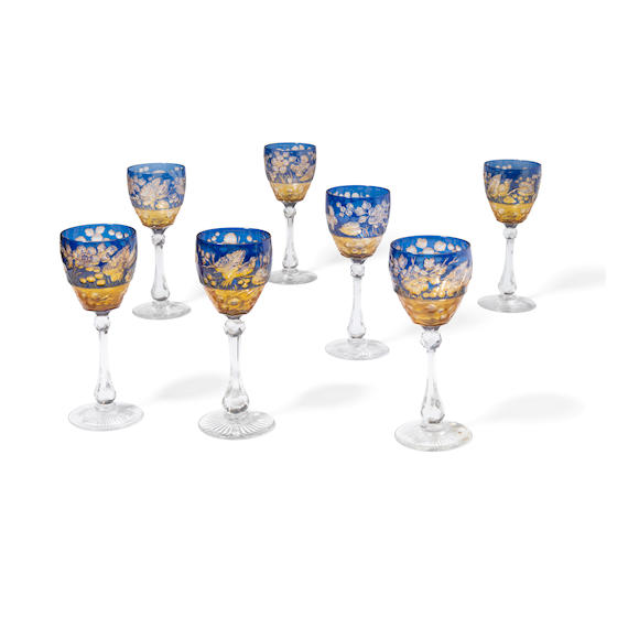 Bonhams A Set Of Eighteen Bohemian Style Gilt Blue Cut To Clear Glass
