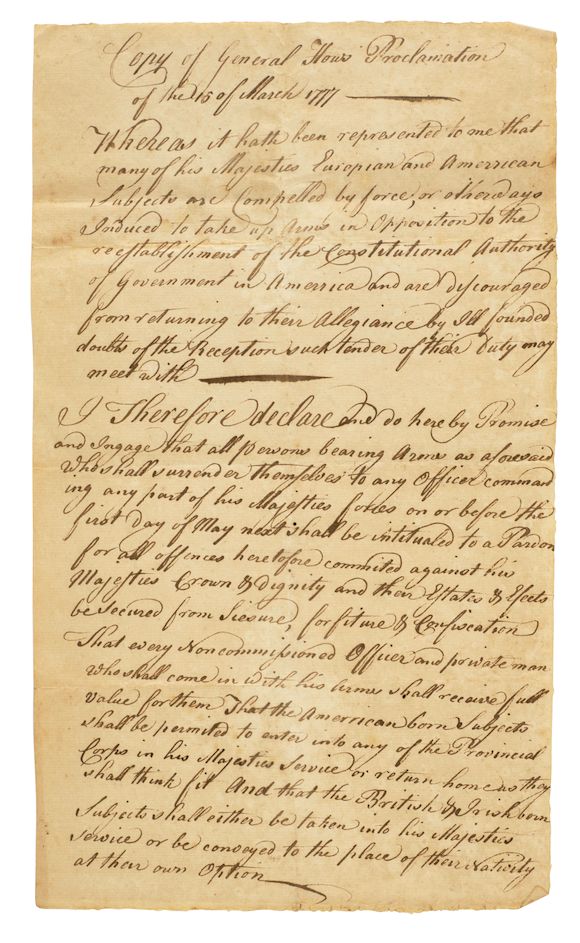 Bonhams : GENERAL HOWE'S PROCLAMATION OF MARCH 15, 1777. HOWE, GENERAL ...