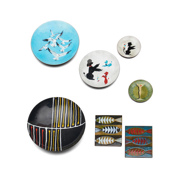 Bonhams Skinner Seven Mid Century Modern Enameled Items Two Dishes