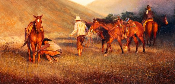 Bonhams : Gordon Snidow (born 1936) Saddlin Up 16 x 32 in. framed 25 x ...