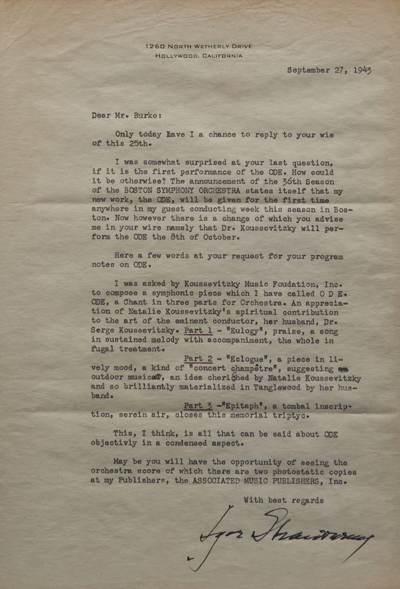 Bonhams Skinner : Stravinsky, Igor (1882-1971) Typed letter signed