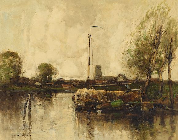Bonhams : William Alfred Gibson (Scottish, 1866-1931) A hay barge on a ...