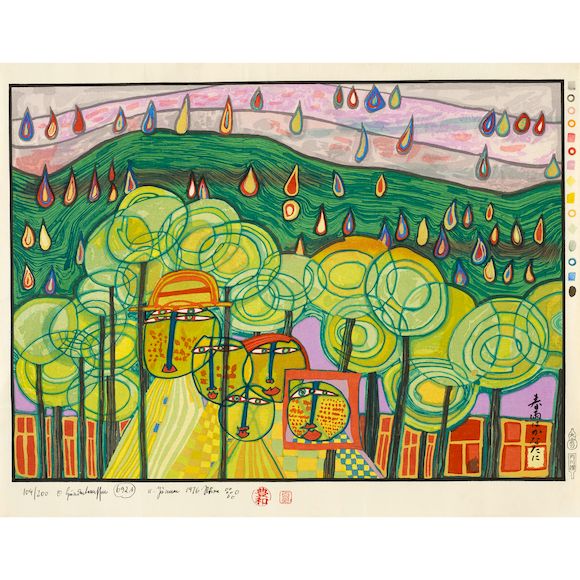Bonhams : Friedensreich Hundertwasser (1928-2000); The Rain Falls Far ...