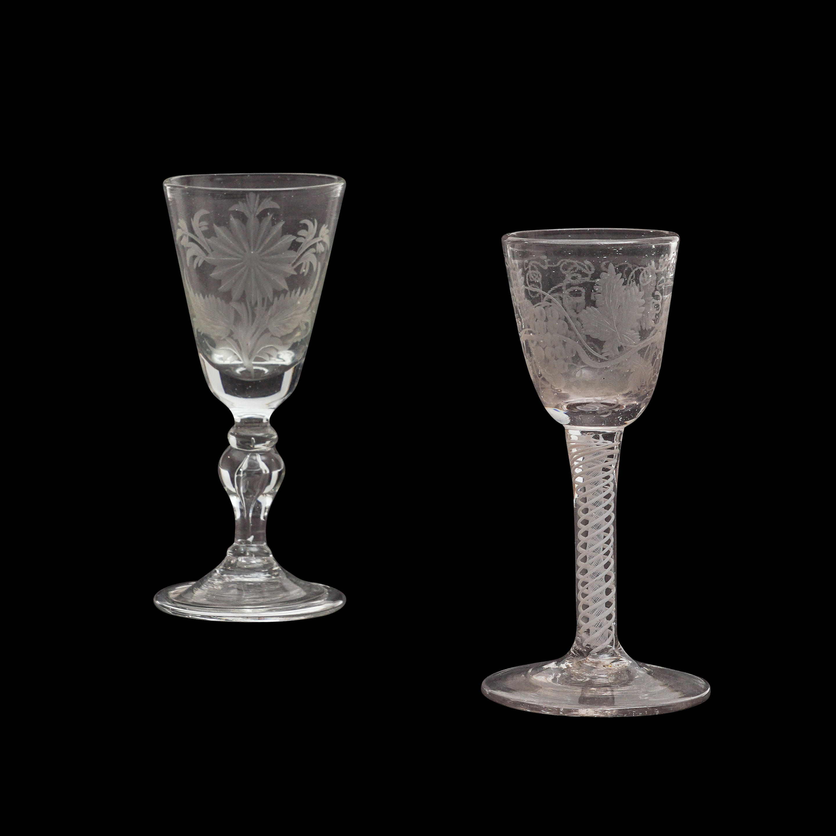 Bonhams Skinner Two Etched Wine Glasses Europe 18th Century