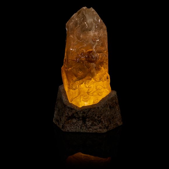 Bonhams : Light Smoky Quartz Carving of Dragon Chasing Flaming Pearl ...