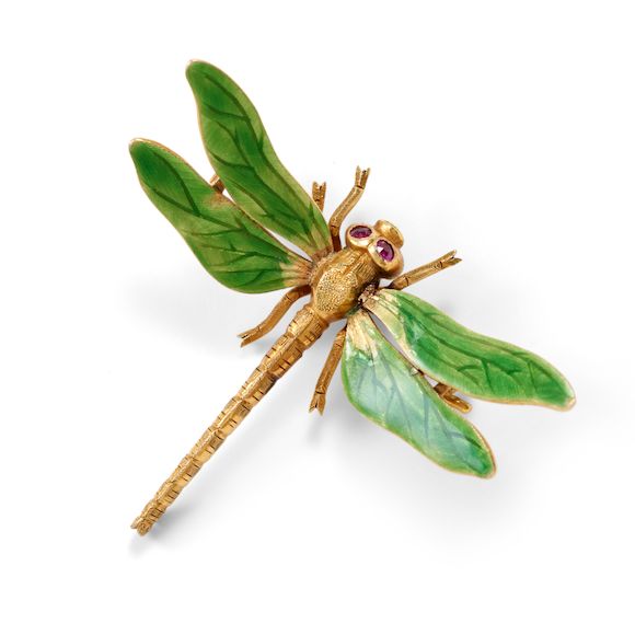 Bonhams Skinner : RIKER BROTHERS: A 14K GOLD AND ENAMEL DRAGONFLY BROOCH
