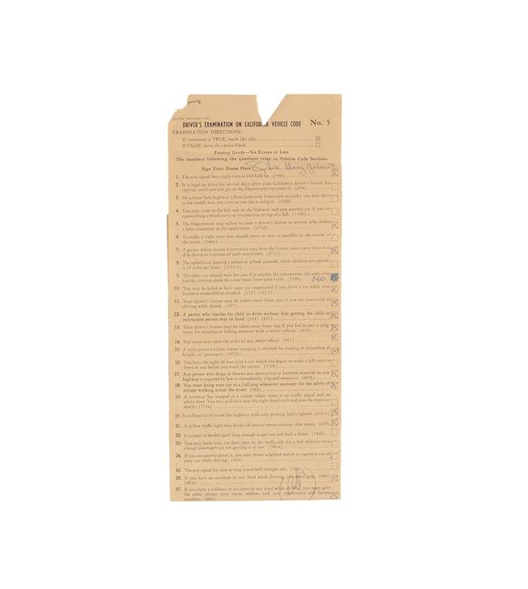 Bonhams : A PRINTED DRIVER'S EXAMINATION ON CALIFORNIA VEHICLE CODE ...