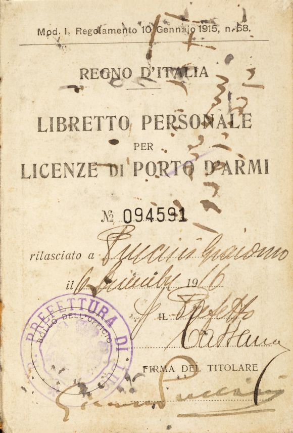 Bonhams : PUCCINI'S SIGNED PERSONAL FIREARMS LICENSE. PUCCINI, GIACOMO ...