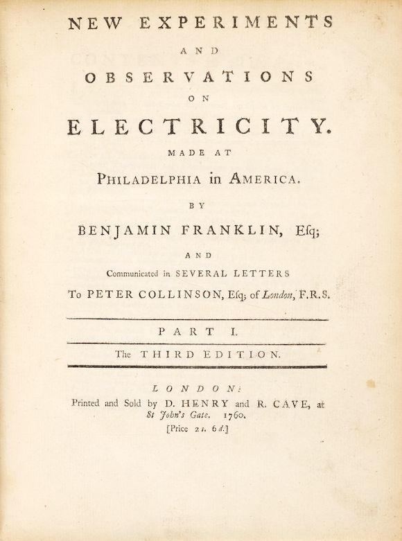 Bonhams : FRANKLIN ON ELECTRICITY. FRANKLIN, BENJAMIN. 1706-1790. New ...