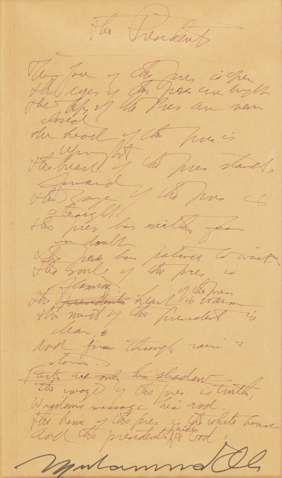 Bonhams : MUHAMMAD ALI POETRY MANUSCRIPT. ALI, MUHAMMAD. 1942-2016. The ...