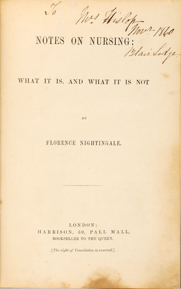 Bonhams : NIGHTINGALE, FLORENCE. 1820-1910. Notes on Nursing. What It ...