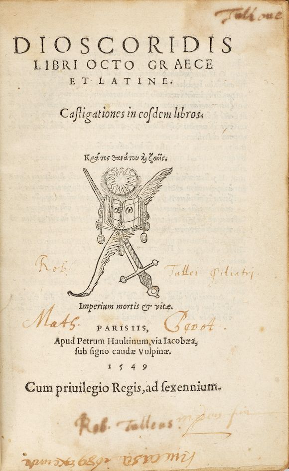 Bonhams : DIOSCORIDES, PEDACIUS. C.40-90. Libri octo. Greek text with ...