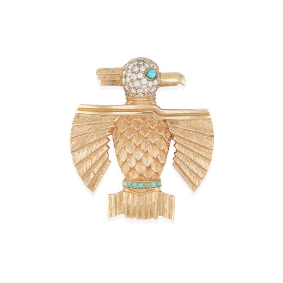 Bonhams : A 14K GOLD, TURQUOISE AND DIAMOND THUNDERBIRD PENDANT BROOCH