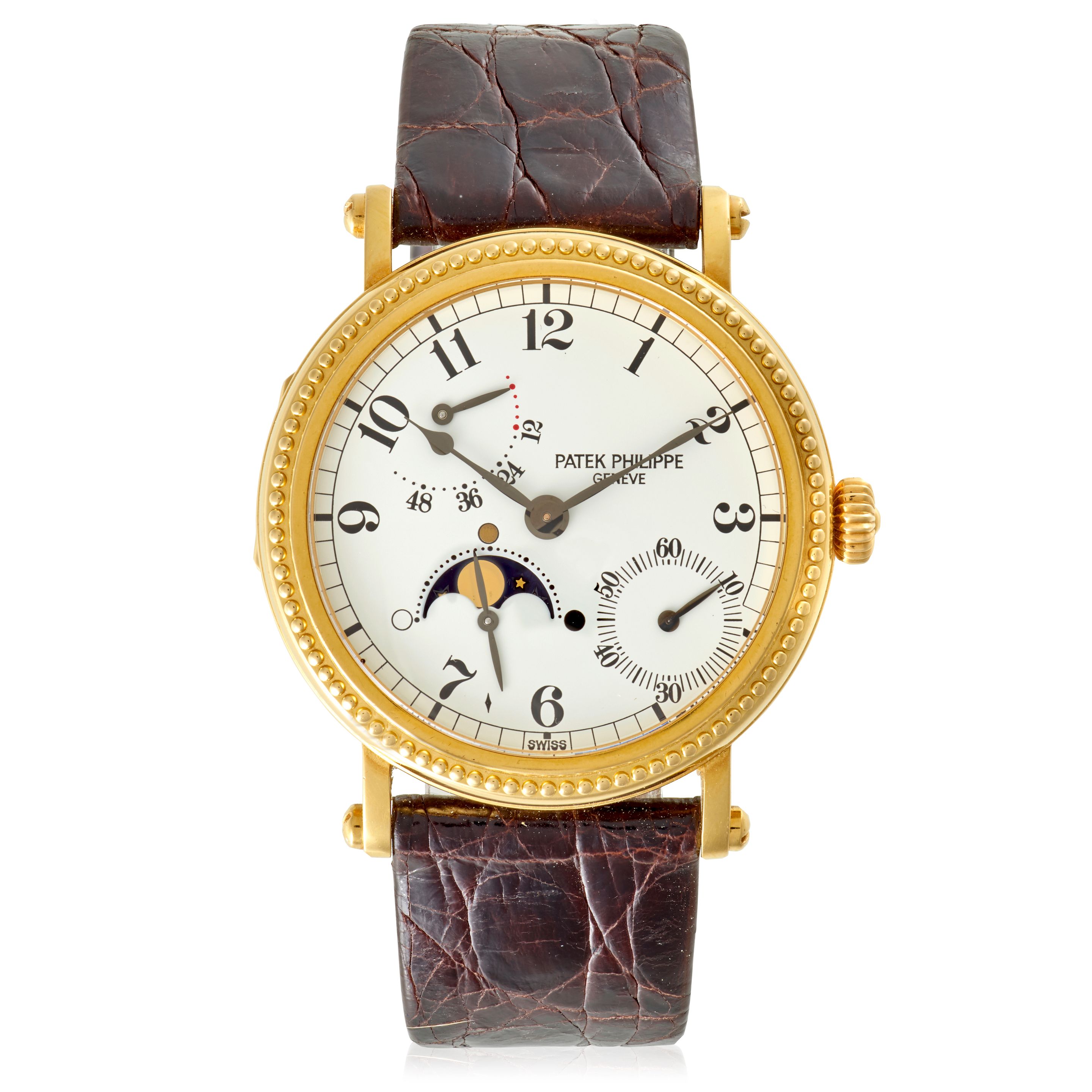 Bonhams : PATEK PHILIPPE. AN 18K GOLD AUTOMATIC WRISTWATCH WITH MOON ...