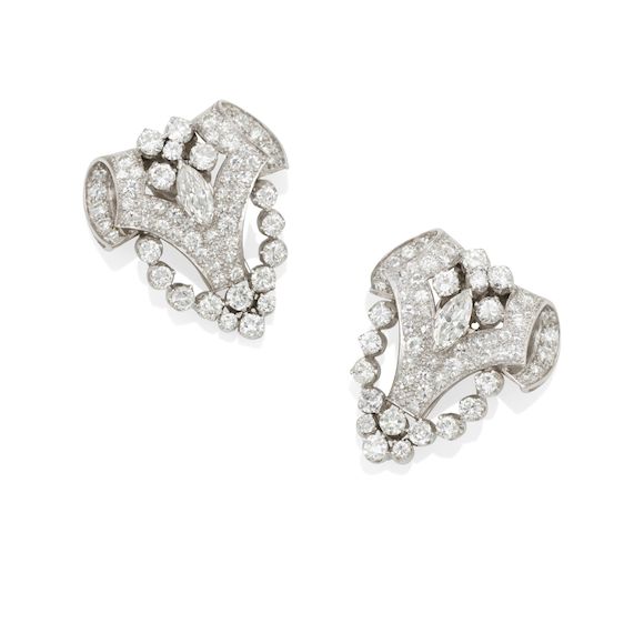 Bonhams : A PAIR OF PLATINUM AND DIAMOND DRESS CLIPS