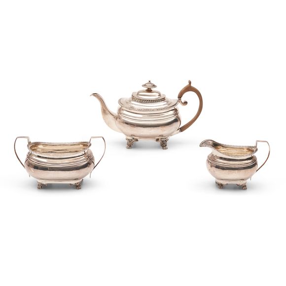 Bonhams Skinner : Three Piece George III Sterling Silver Tea Set,