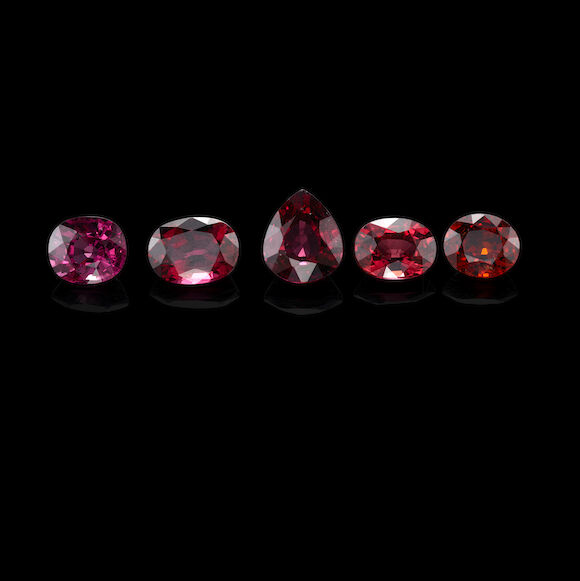 Bonhams : Five Garnets: Spessartite and Rhodolites