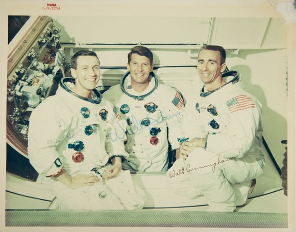 Bonhams : APOLLO 7 CREW-SIGNED RED NUMBER PHOTOGRAPH. Color chromogenic color photograph ...