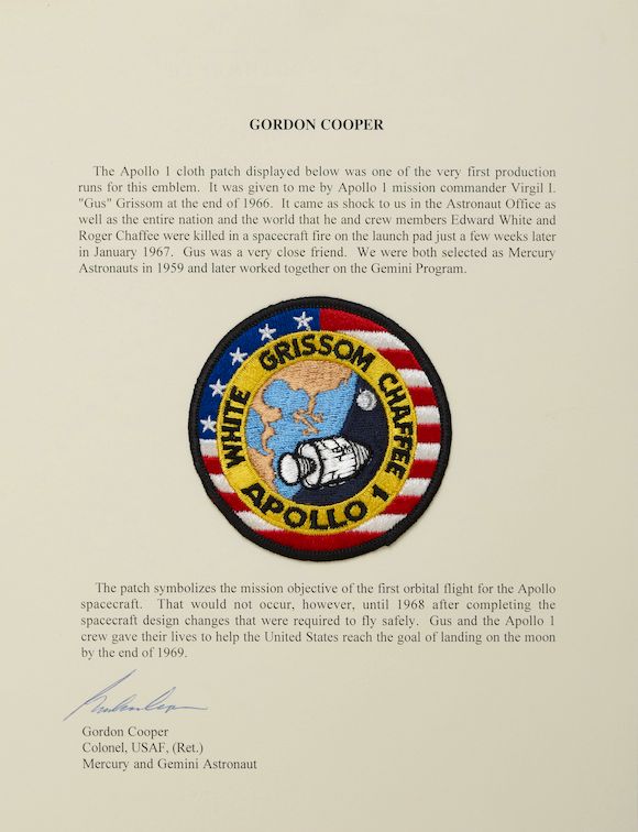 Bonhams : APOLLO 1 CREW PATCH FROM THE COLLECTION OF GORDON COOPER ...