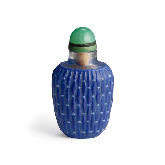 Bonhams : AN UNUSUAL BLUE AND WHITE ENAMELED CLEAR GLASS 'BASKET-WEAVE ...