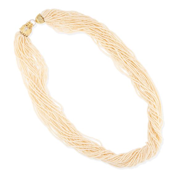 Bonhams : A 14K BI-COLOR GOLD, CULTURED PEARL, GEM-SET AND DIAMOND NECKLACE