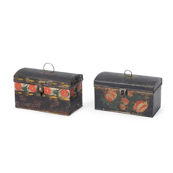 Bonhams Skinner : Two Painted Tin Dome-lid Boxes, America, 19th century.