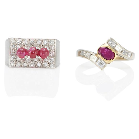 Bonhams : TWO 18K WHITE GOLD, RUBY AND DIAMOND RINGS