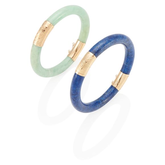 Bonhams : TWO 14K GOLD, JADE AND LAPIS LAZULI BANGLE