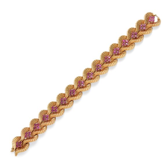 Bonhams Skinner : HENRY DANKNER & SONS: A 14K GOLD AND RUBY BRACELET