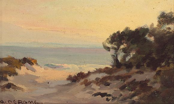 Bonhams : Albert Thomas DeRome (1885-1959) Morning, Monterey Coast Dunes 4 x 6 1/2 in. framed 8 ...