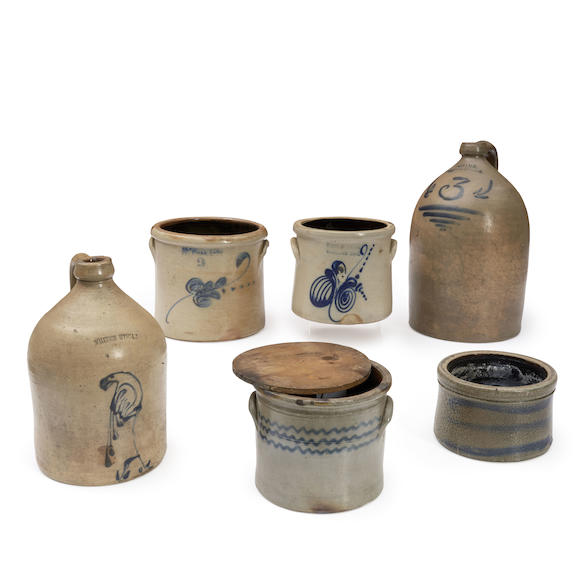 Bonhams Skinner Four Cobalt Decorated Stoneware Crocks And Two Jugs