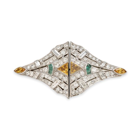 Bonhams Skinner : A PAIR OF ART DECO PLATINUM, COLORED DIAMOND AND ...