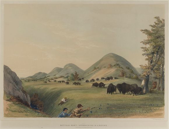 Bonhams : After George Catlin (1794-1872); Buffalo Hunt, Approaching in ...