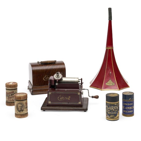 Bonhams Skinner : Edison Cased Phonograph, Red-painted Horn, and Four ...