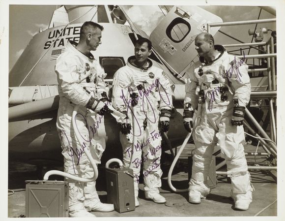 Bonhams : APOLLO 10: CREW SIGNED TYPE-1 NASA PHOTOGRAPH. Silver gelatin print photograph, August ...