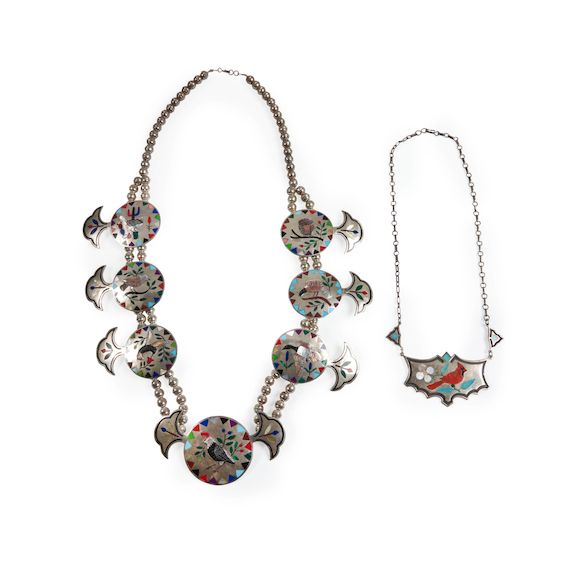 Bonhams Skinner : Two Zuni inlay silver necklaces Nancy and Ruddell ...