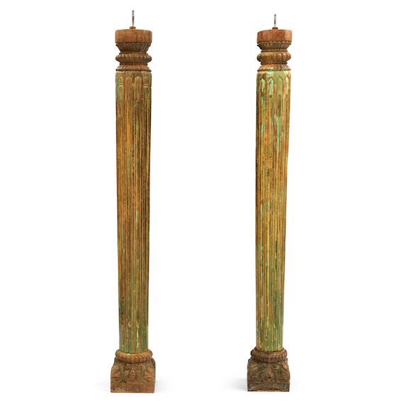 Bonhams Skinner : PAIR OF CARVED AND PAINTED WOODEN COLUMNS