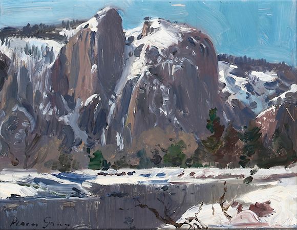 Bonhams : Percy Gray (1869-1952) Yosemite in Winter 6 1/4 x 8 1/2 in ...