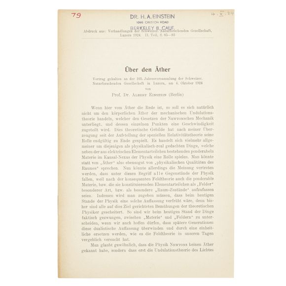 Bonhams : HANS ALBERT EINSTEIN COPY: EINSTEIN ON THE AETHER. EINSTEIN ...