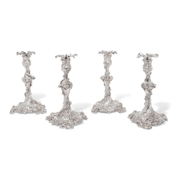 Bonhams : A SET OF FOUR GEORGE II SILVER CANDLESTICKS by Edward Wakelin ...