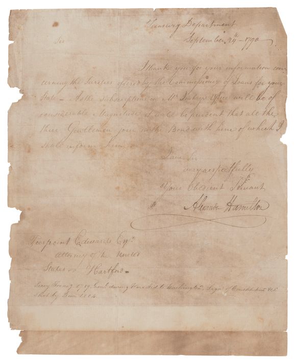 Bonhams : HAMILTON WRITES TO THE UNCLE OF AARON BURR. HAMILTON ...