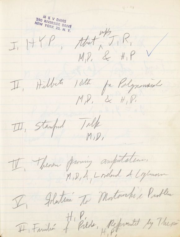 Bonhams : MARTIN DAVIS, JULIA ROBINSON, HILARY PUTNAM & HILBERT'S TENTH ...