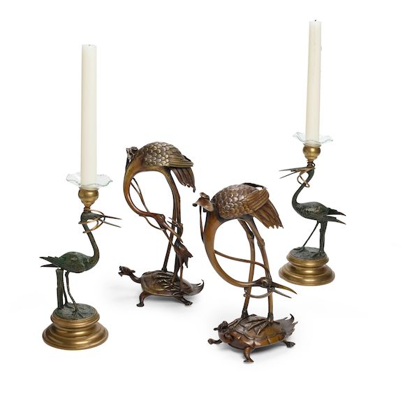 Bonhams : TWO PAIRS OF BRONZE BIRD FORM CANDLESTICKS20th century