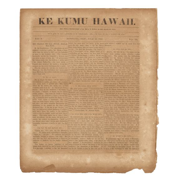 Bonhams : HAWAIIAN LANGUAGE NEWSPAPER. Ke Kumu Hawaii. Buke I, Pepa 15 ...