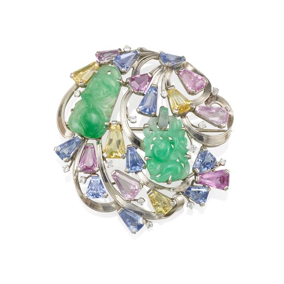 Bonhams : A PALLADIUM, MULTI-COLORED SAPPHIRE, DIAMOND AND JADE BROOCH