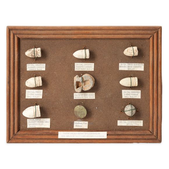 Bonhams Skinner : Frames Display of Gettysburg Relics.