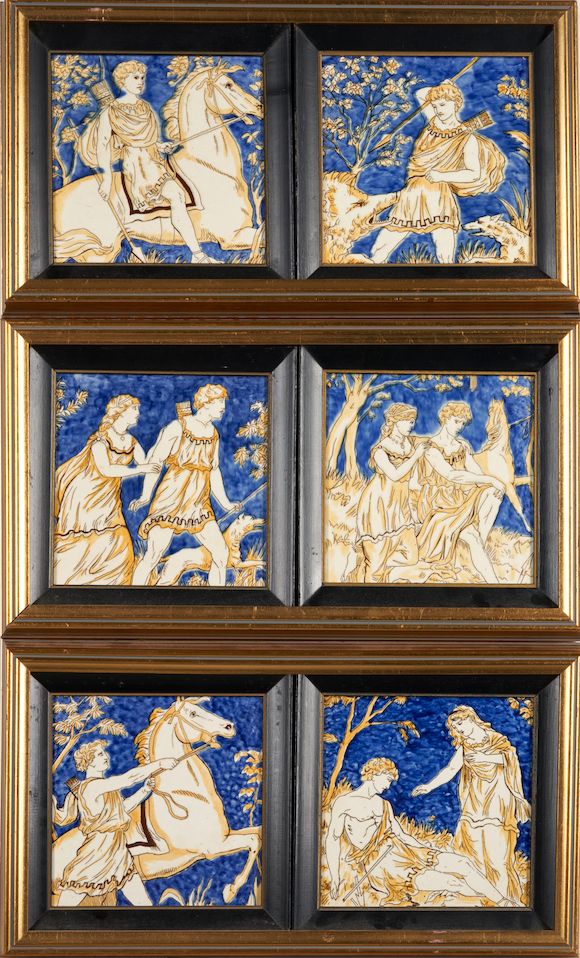 Bonhams Skinner : Six Minton Hollins Theseus and the Crommyonian Sow Porcelain Tiles, England ...