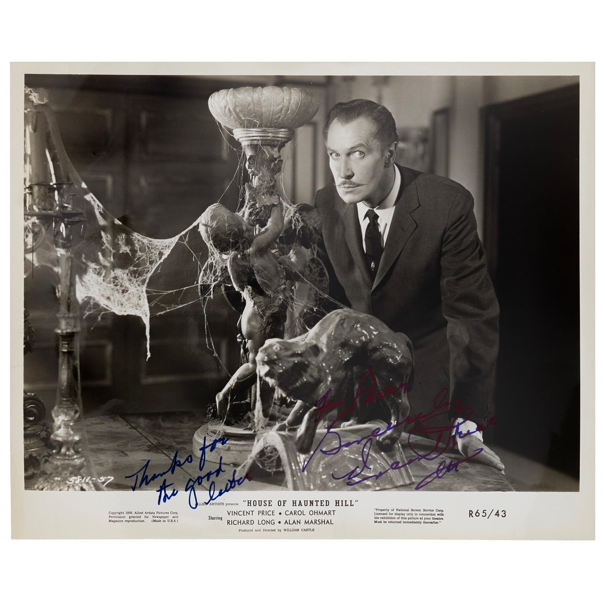 Vincent Price "Frederick Loren" Signed and Inscribed Production Photo ...