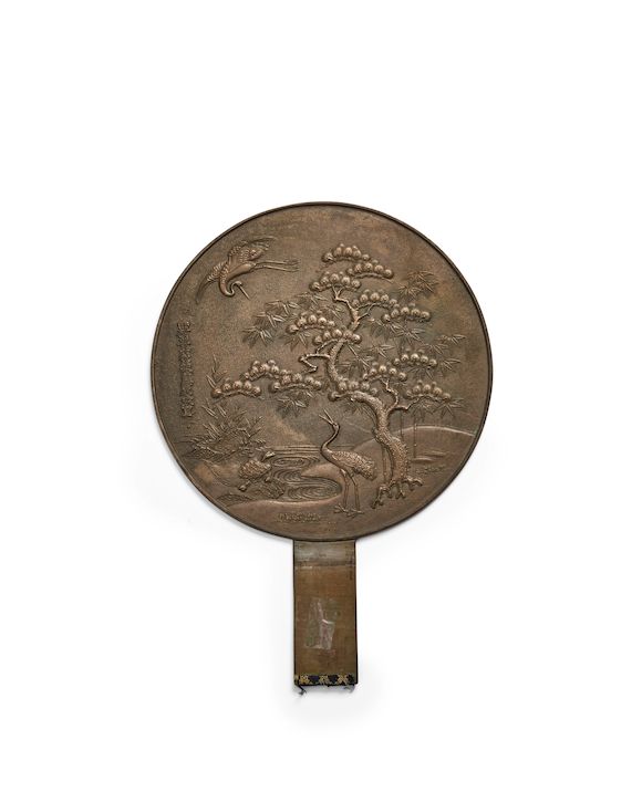 Bonhams : A JAPANESE BRONZE MIRROR IN LACQUER CASE