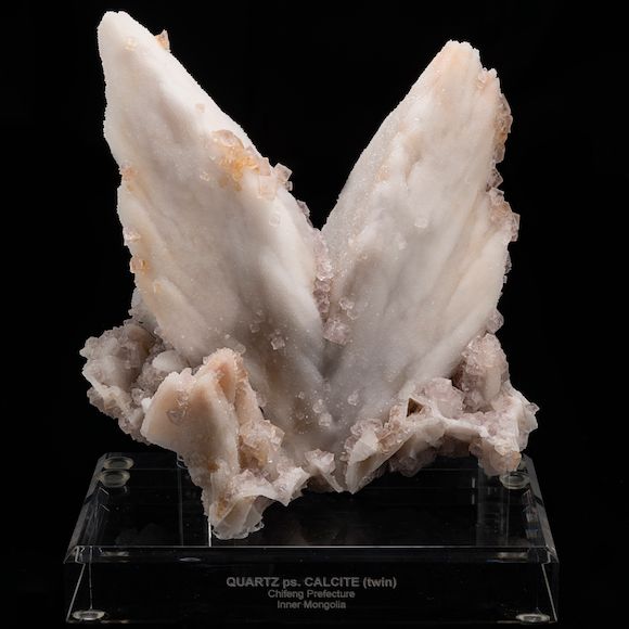 Bonhams : Quartz After Calcite Twin with Fluorite on Acrylic Base